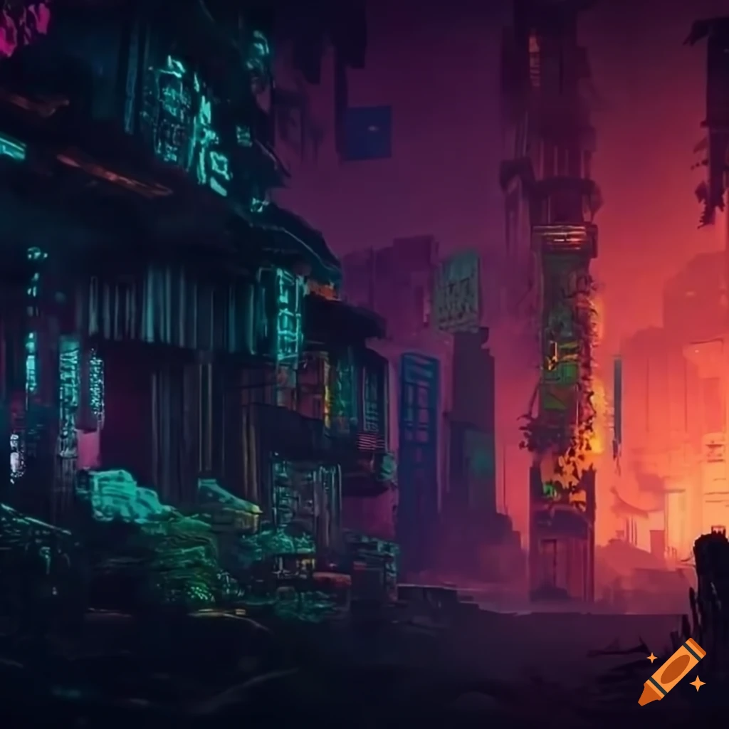 Ancient cyberpunk jungle with a faint orange neon building on Craiyon