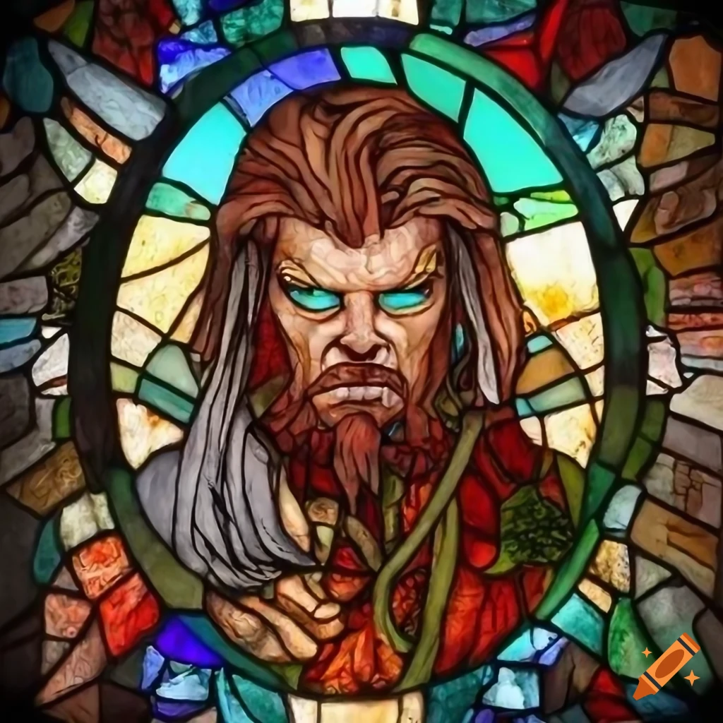 Vibrant stained glass art depicting powerful male druid in D&D size ...