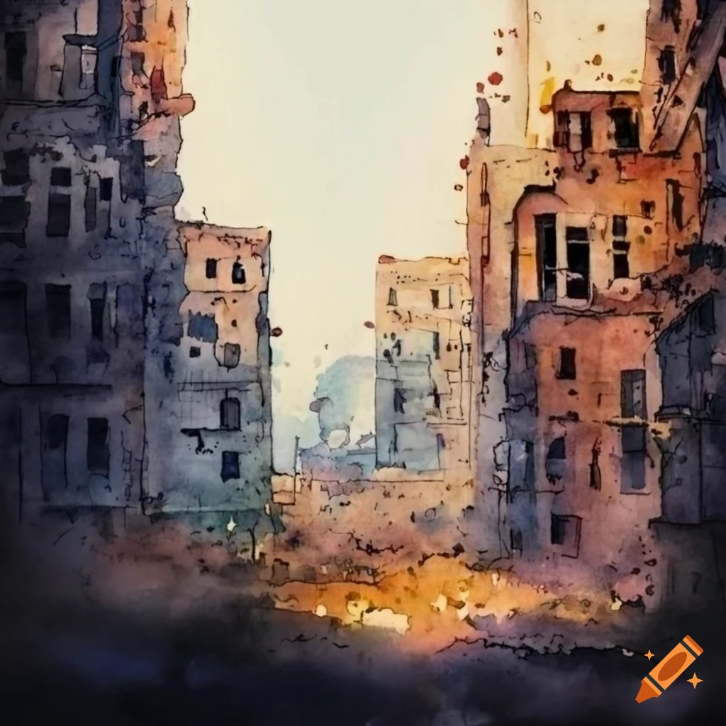 Watercolor abandoned city being reclaimed by nature on Craiyon