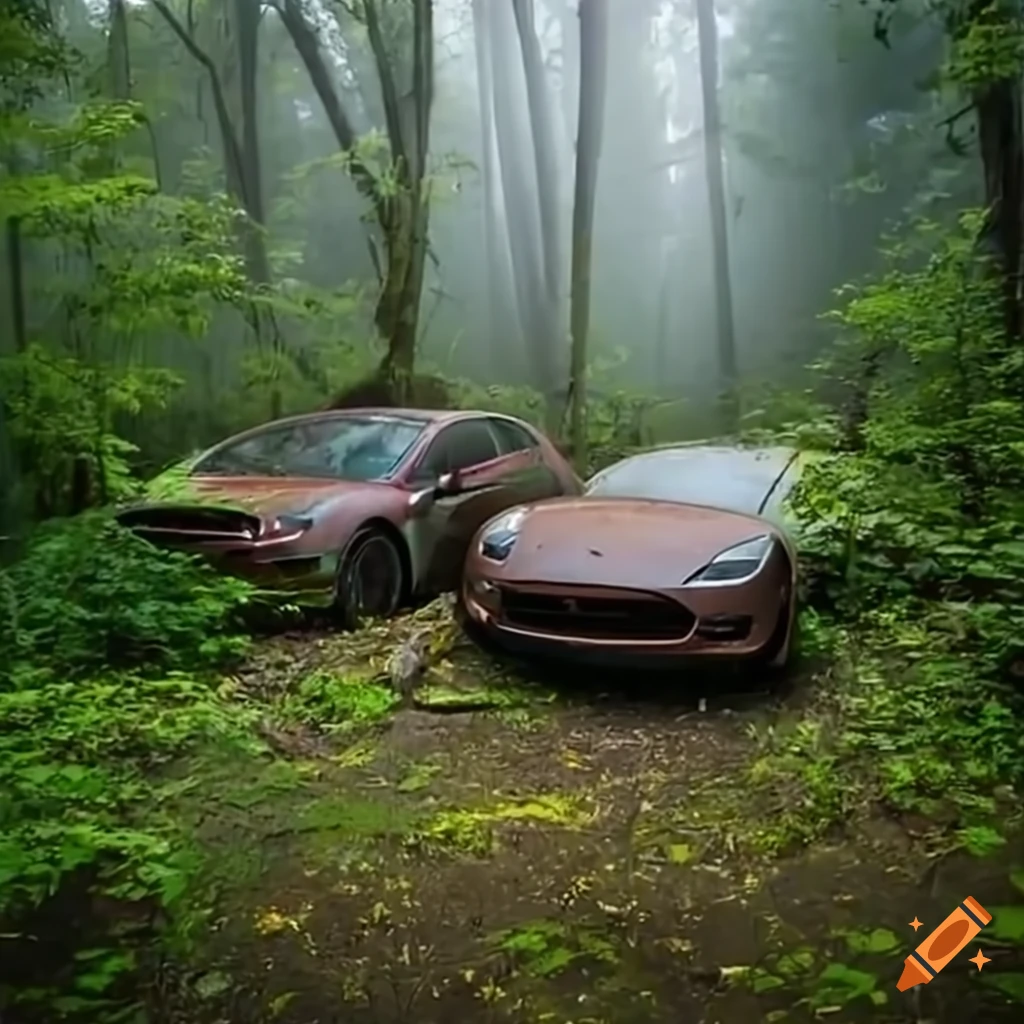 Three rusted and old Tesla cars piled up and overgrown with nature in a ...