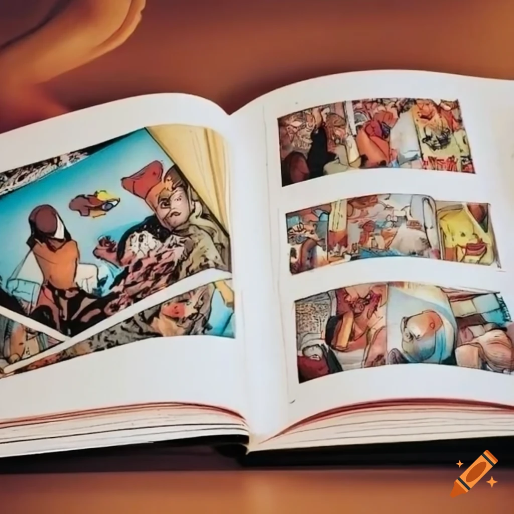 A comic book with illustrations lying opened on the table