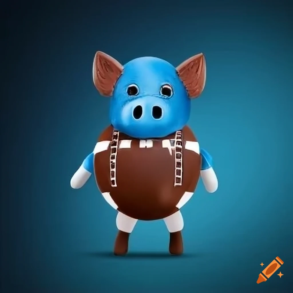 Pig shaped blue american football with wings with brown football