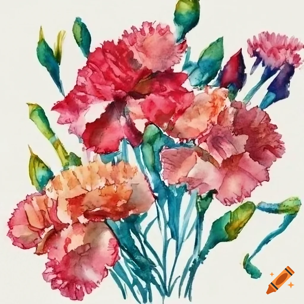 Vivid watercolor carnations in close-up, botanical art masterpiece on ...