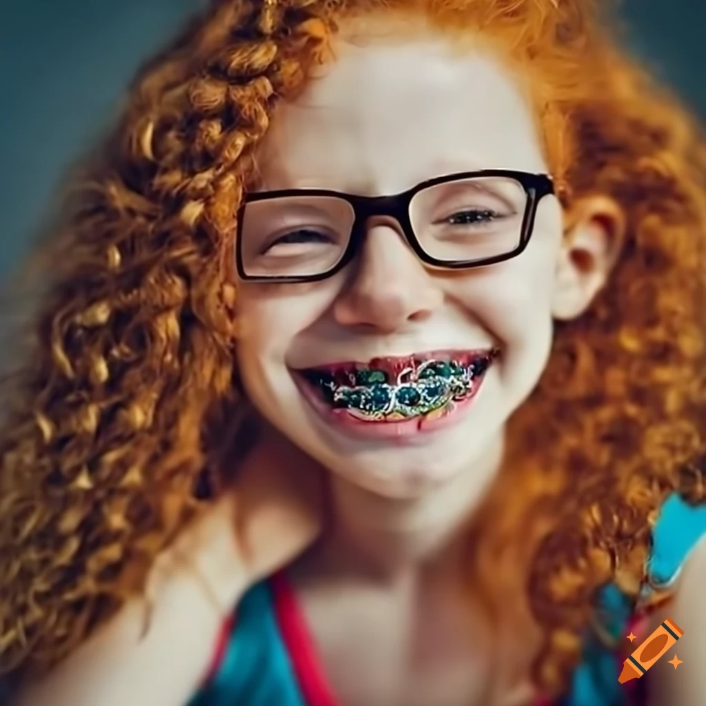 Ginger girl 13 year with glasses and dental braces on her teeth on Craiyon