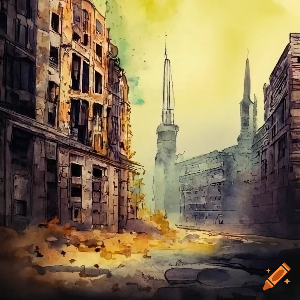 Watercolor abandoned city being reclaimed by nature on Craiyon