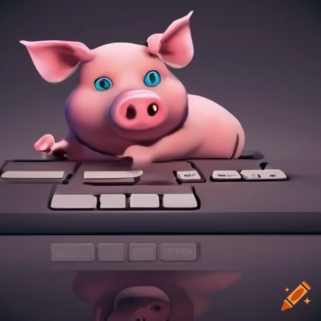 Pig lying on a keyboard, in an animated style