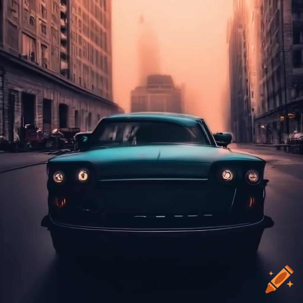 An ultra realistic cool car middle of a city downtown, dull natural ...