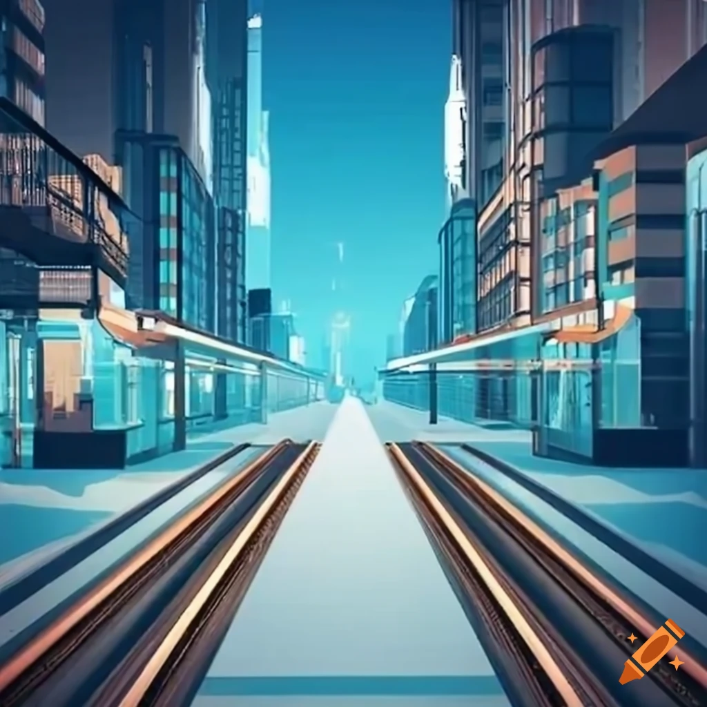 Futuristic walkable city with bicycle tracks and a metro, tram station