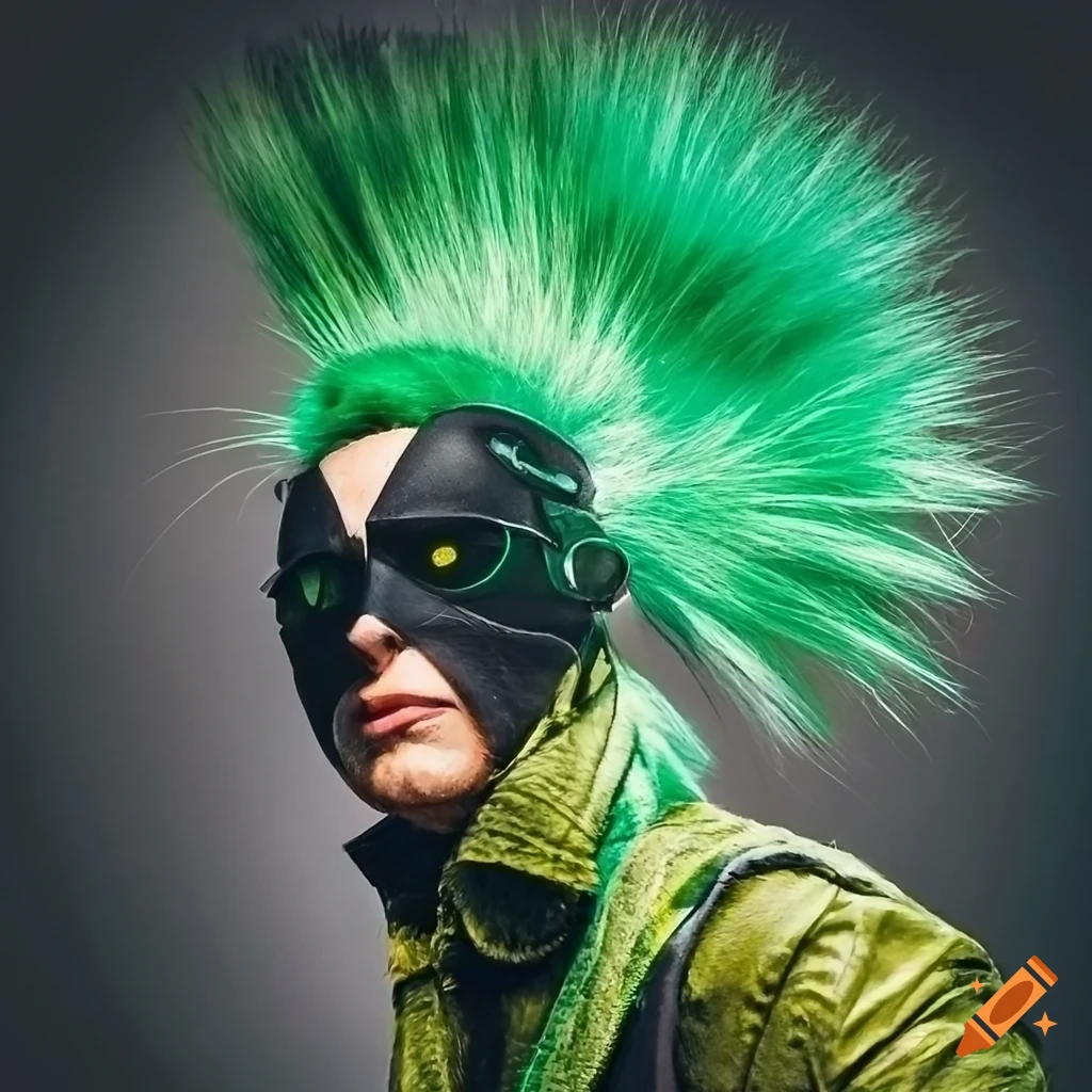 A portrait of a grunge metal cat with a big green mohawk on Craiyon