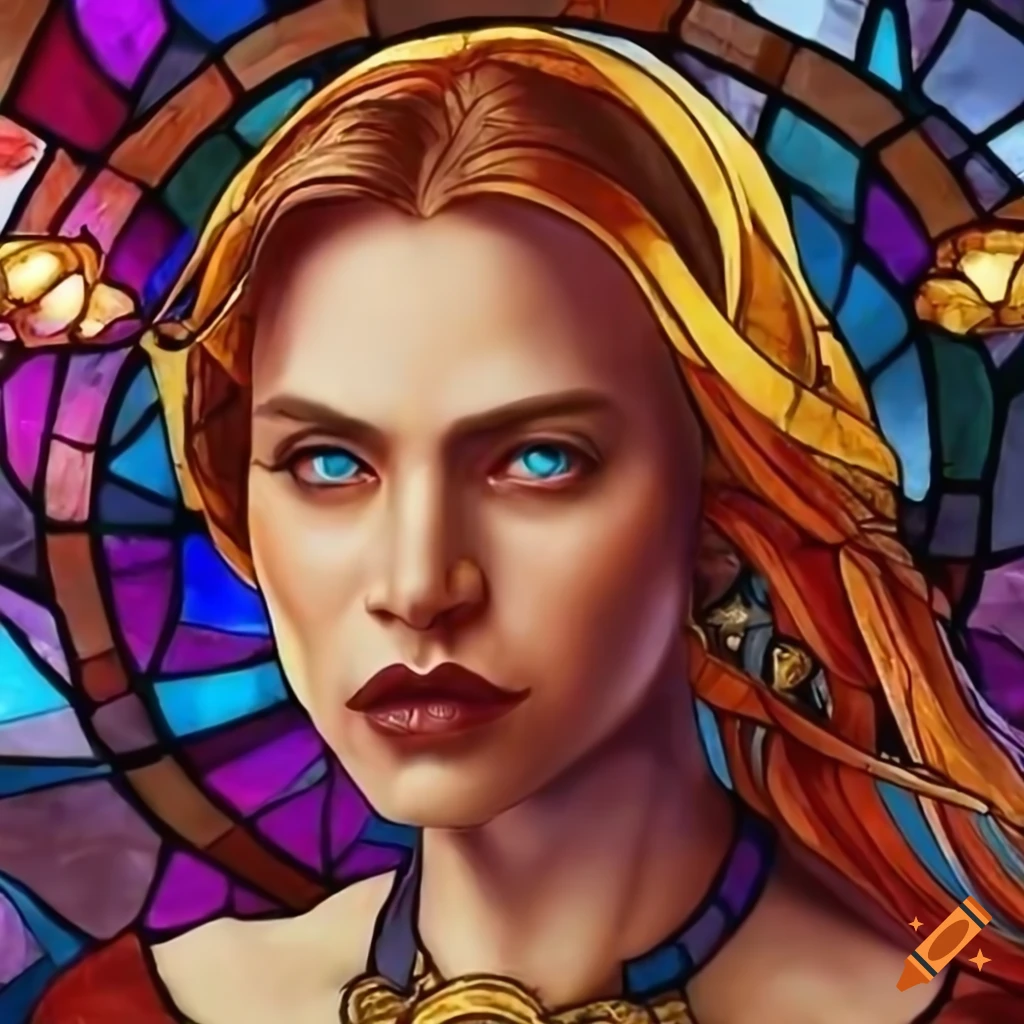 Vibrant stained glass art depicting powerful female magic user in d&d ...