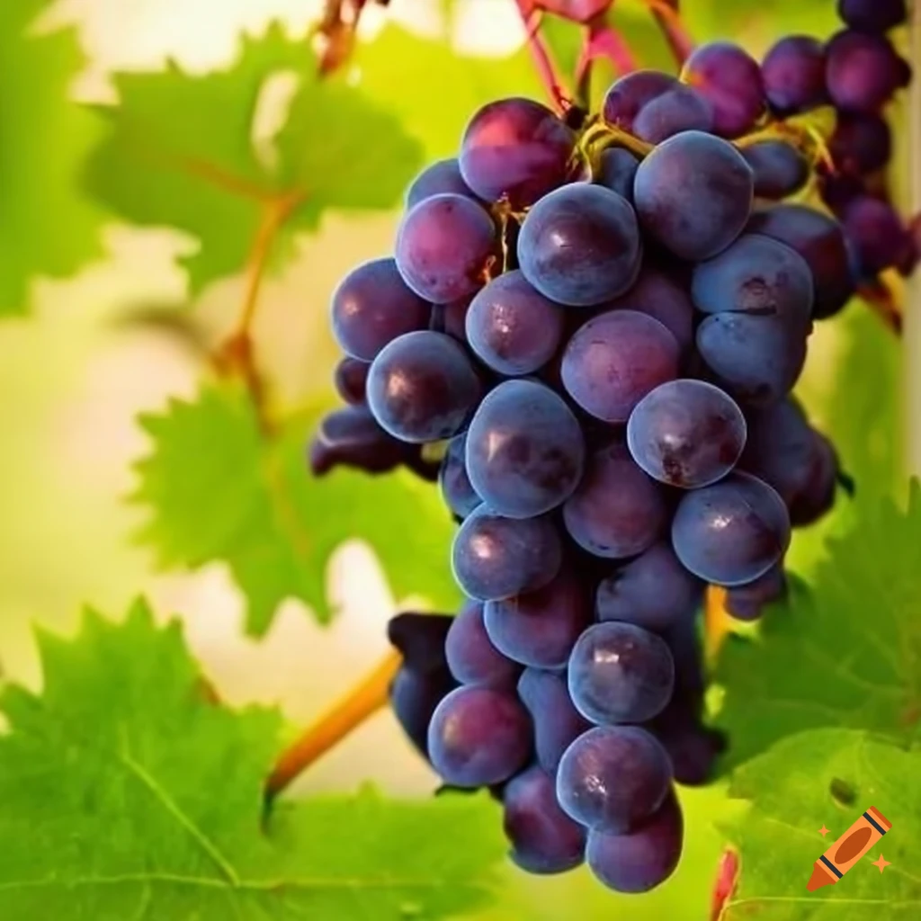 Dark purple grape clusters on the vine in a vineyard