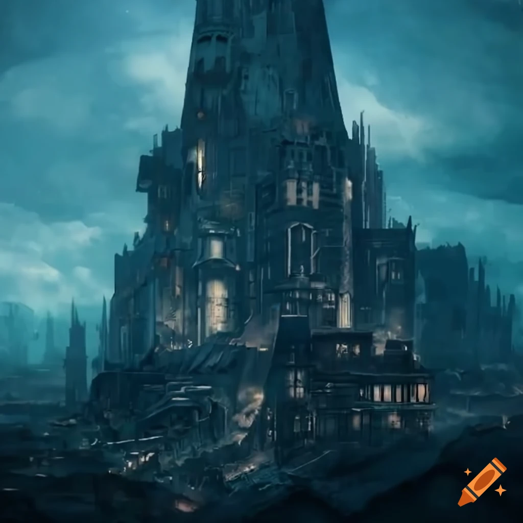 A futuristic sci-fi tower rising above a medieval, abandoned city on ...