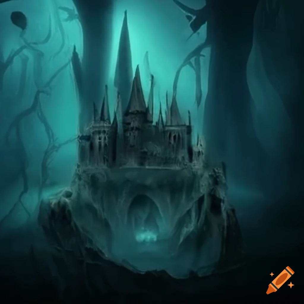 A spooky undead insect water castle adorned with cobwebs