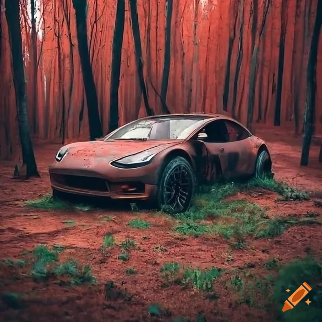 Many abandoned and rusted tesla cars engulfed by nature, surrounded by ...
