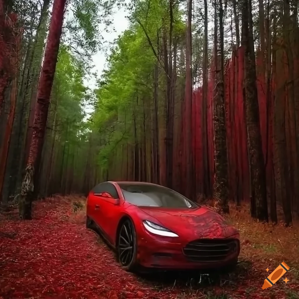 Many abandoned and rusted tesla cars engulfed by red nature, surrounded ...