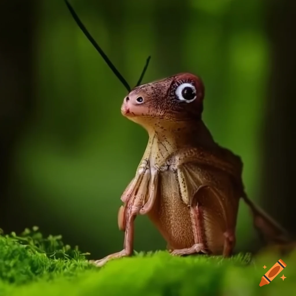 A whimsical small hybrid forest creature inspired by both mice and grasshoppers, in full body ...