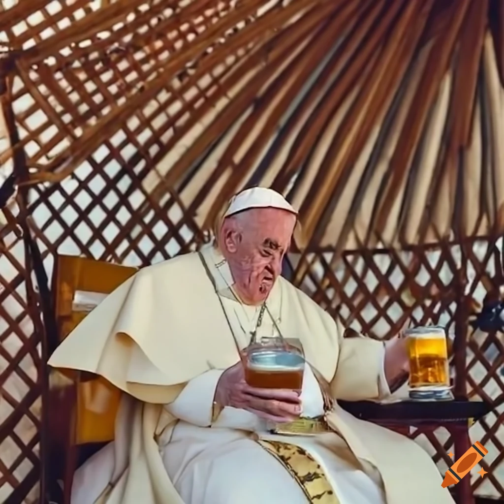 Pope Francis drinking beer in yurt on Craiyon