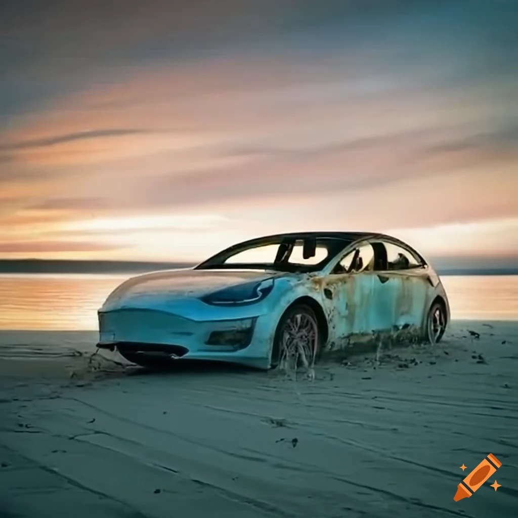 Abandoned and decaying tesla on a beach