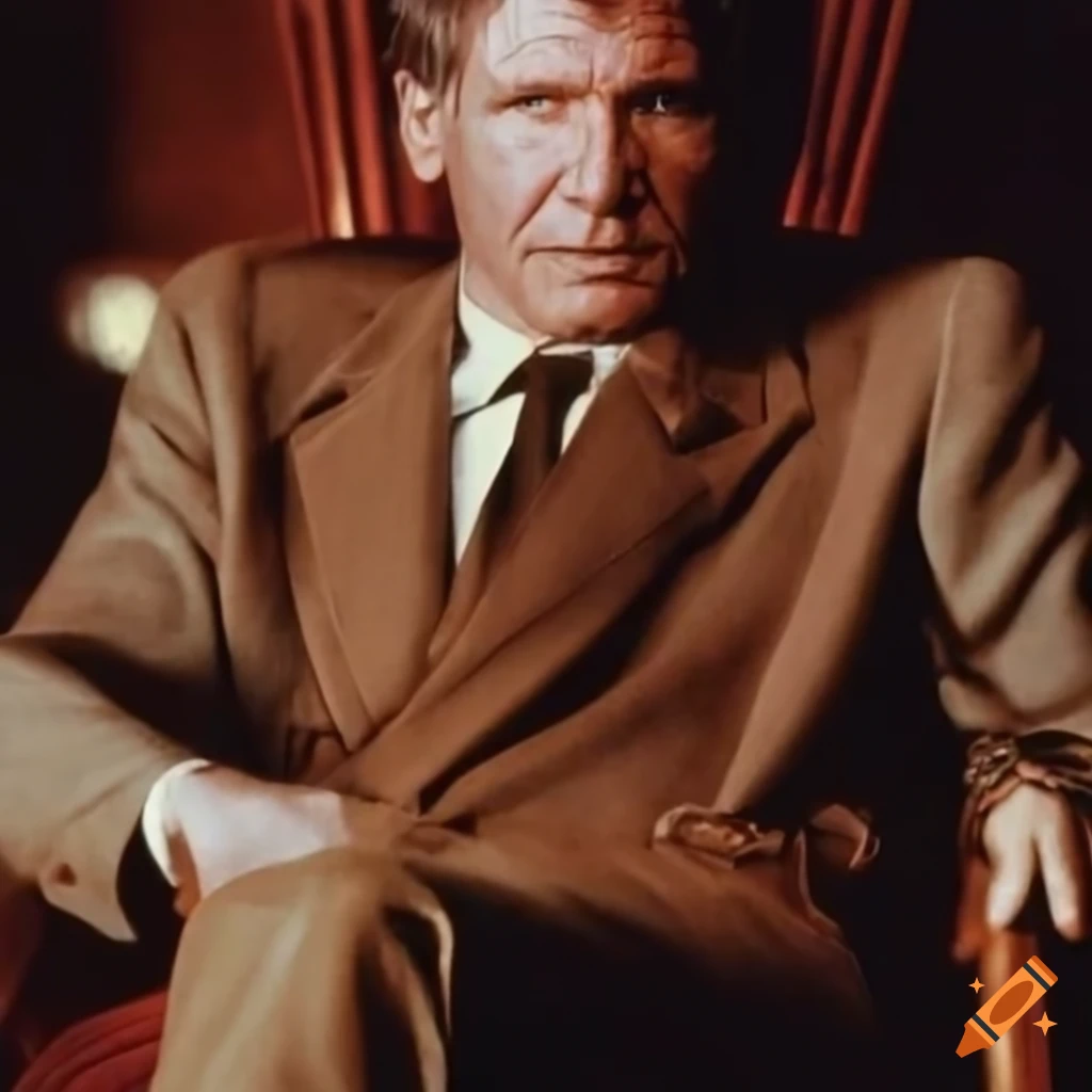 Harrison Ford, dressed as Indiana Jones, sitting in a rocking chair on ...