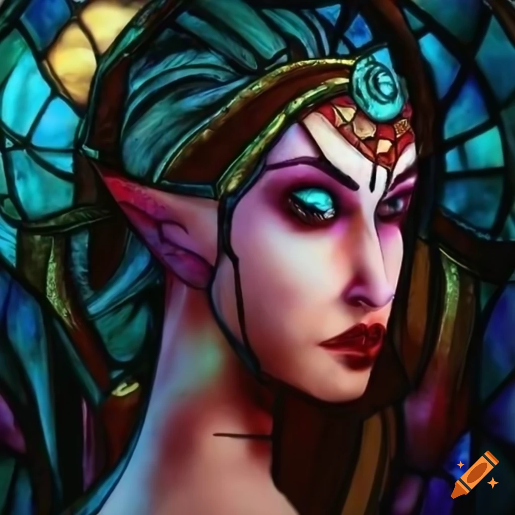 Vibrant stained glass art depicting powerful female magic user in d&d ...