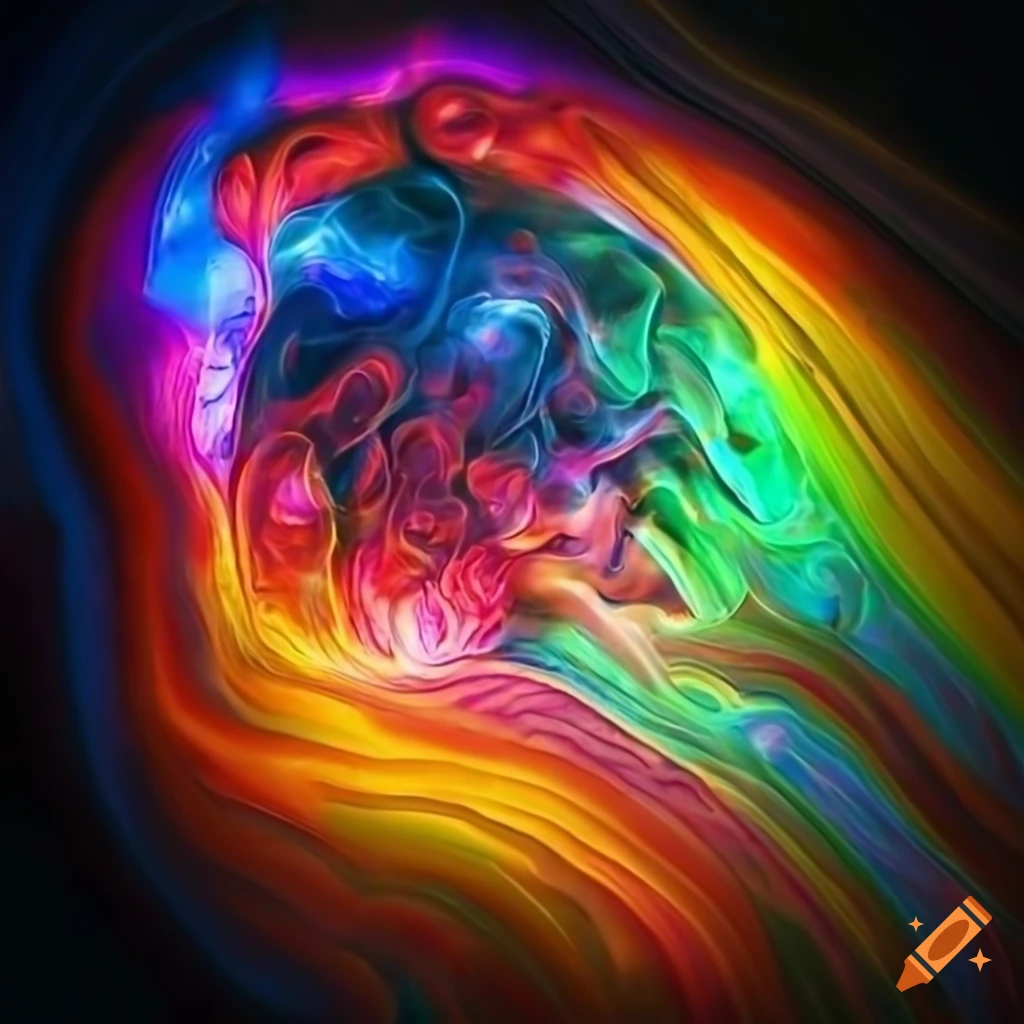 Brain, lit up, rays of different colored light come out of the brain ...