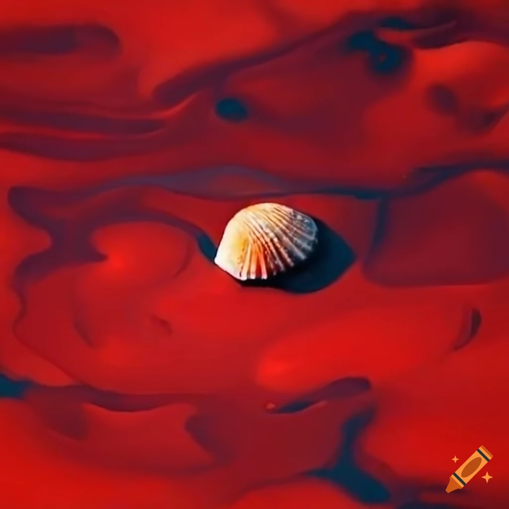 An abstract painting of sea shells on the beach shore while the water ...