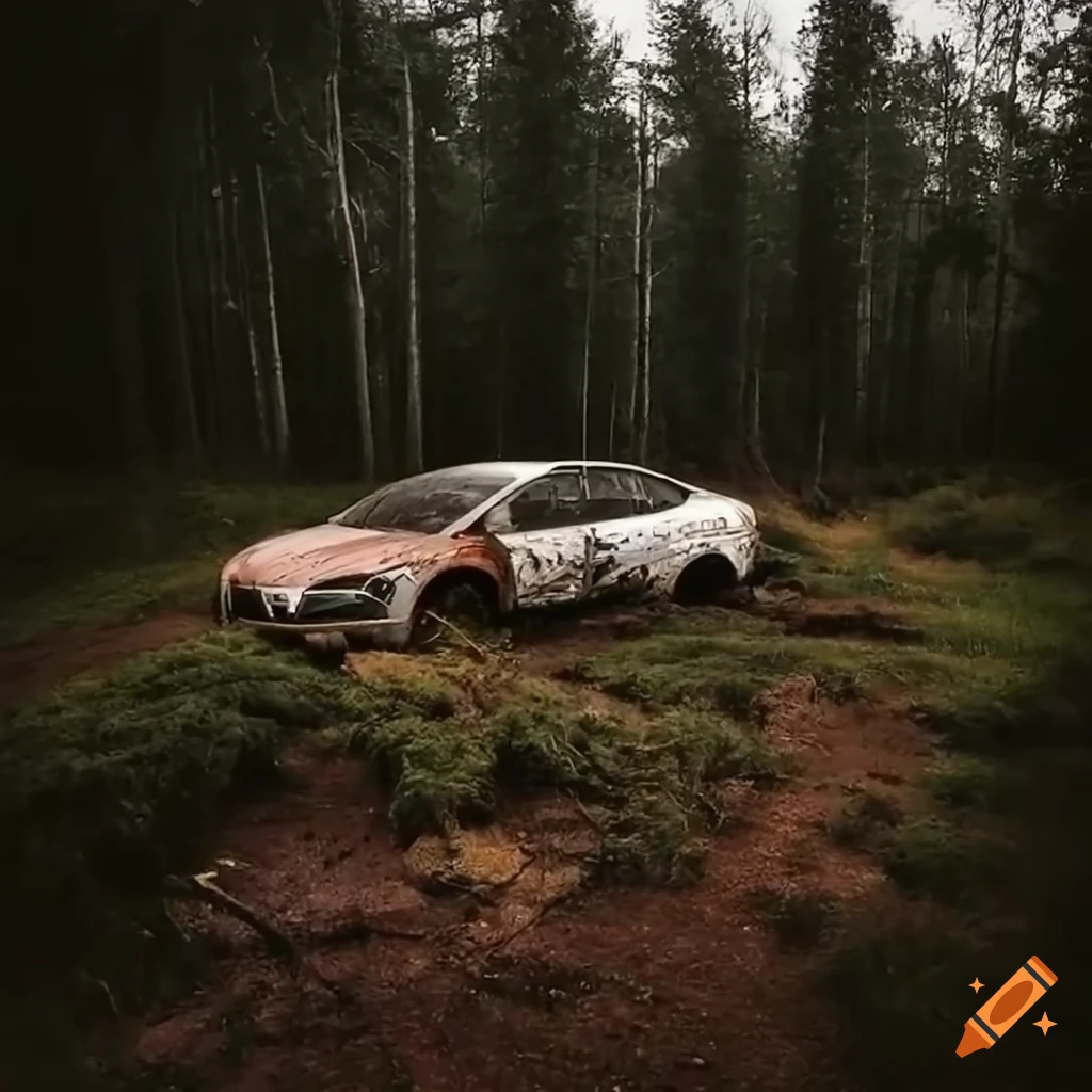 Many abandoned and rusted tesla cars engulfed by nature, surrounded by ...