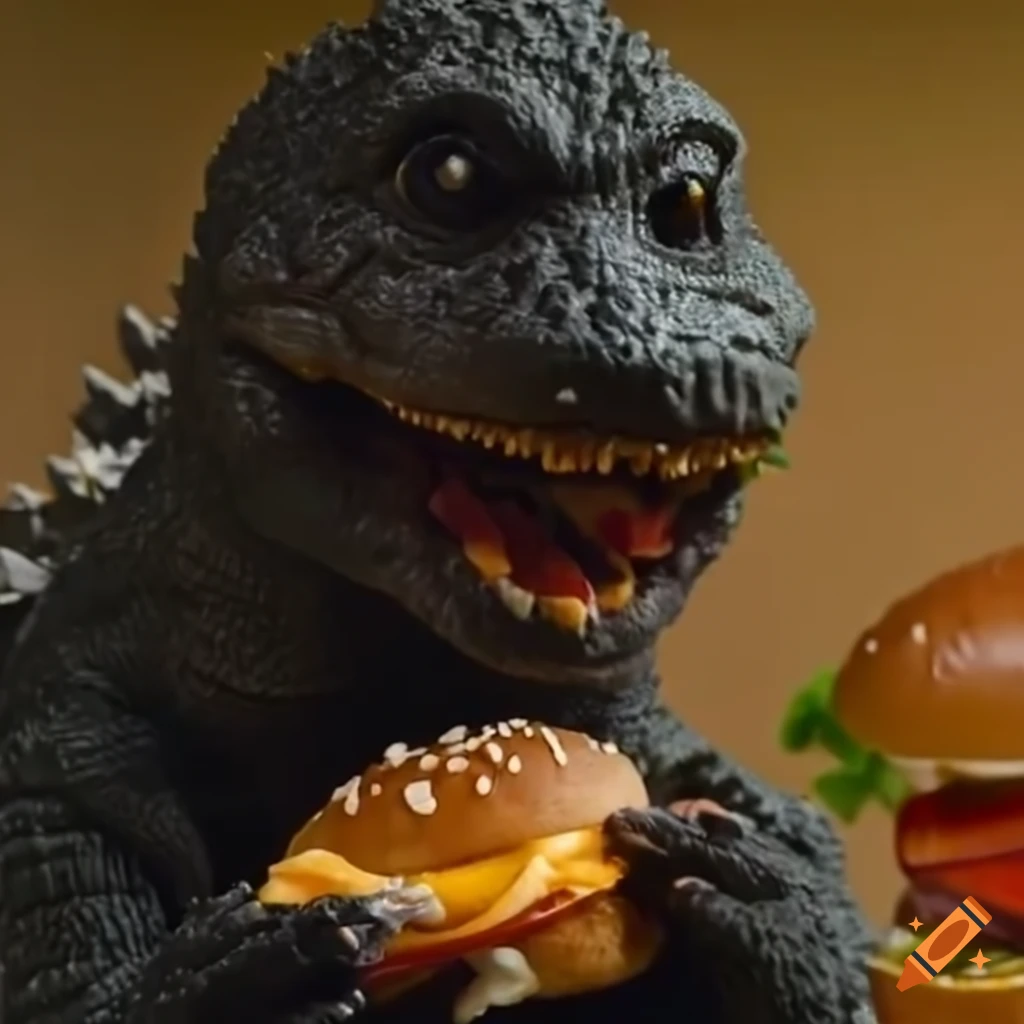 A baby godzilla eating a little cheeseburger on Craiyon