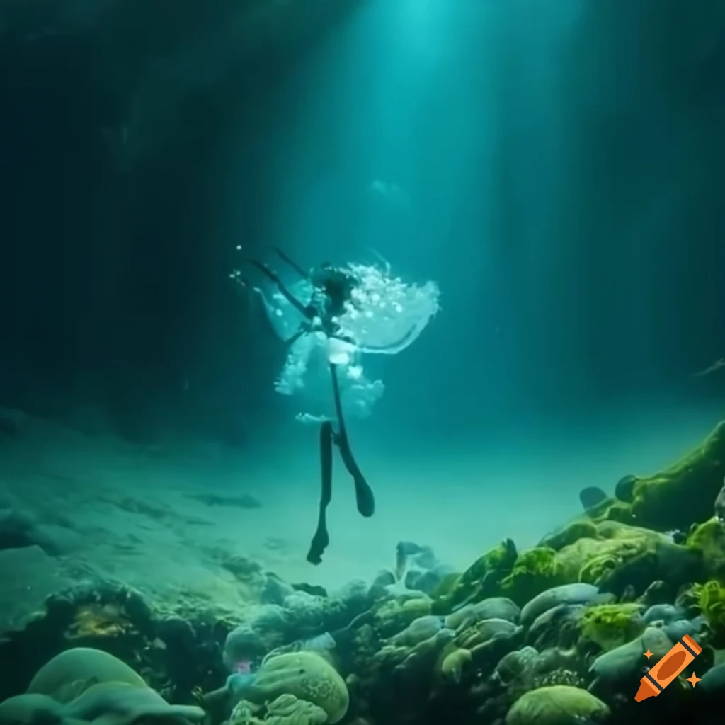 Rear view of a scuba diver chasing a white magical fairy into a lush ...