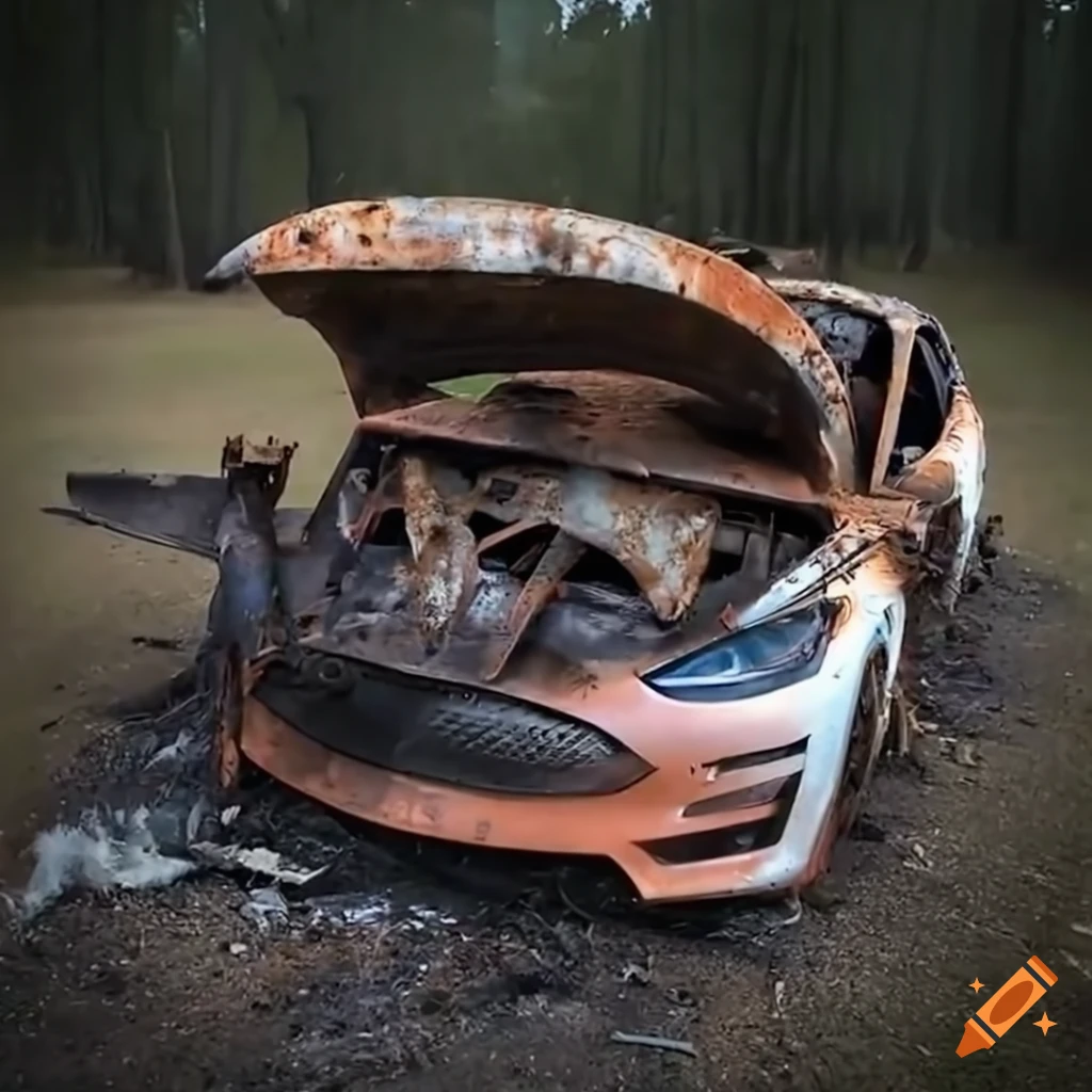 Several burned out rusted broken Tesla's model 3 engulfed by Red ...