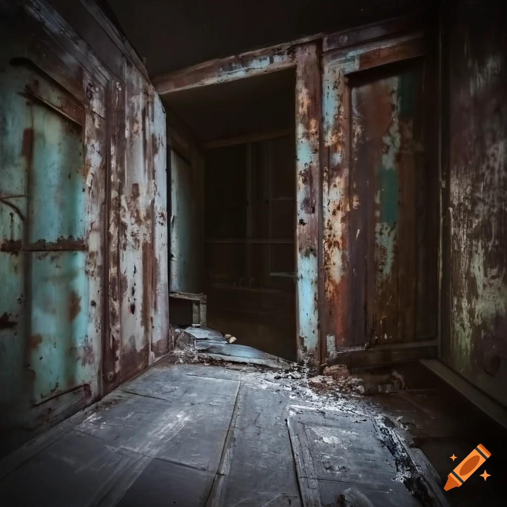 Detailed portrait of dark abandoned bunker with rusted metal doors ...