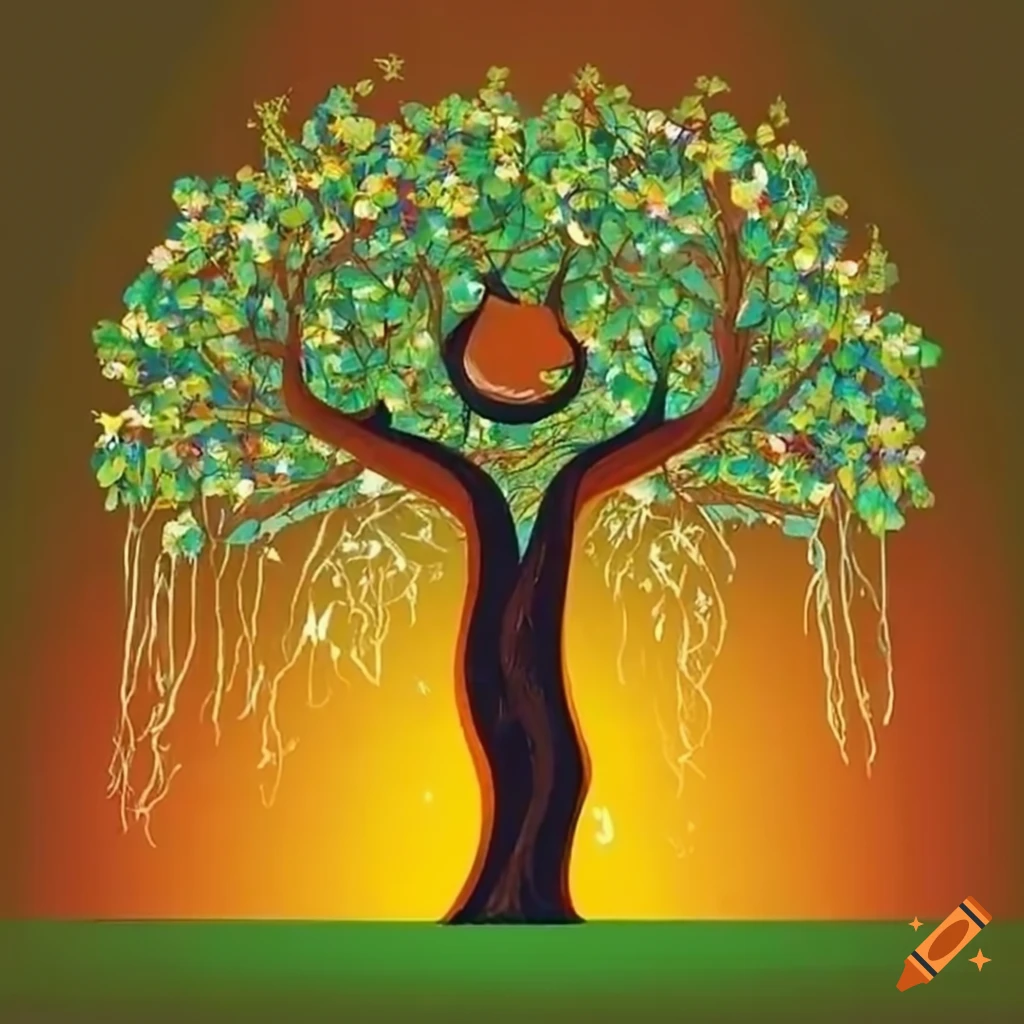 Magical tree of life standing tall in a garden reaching out its ...