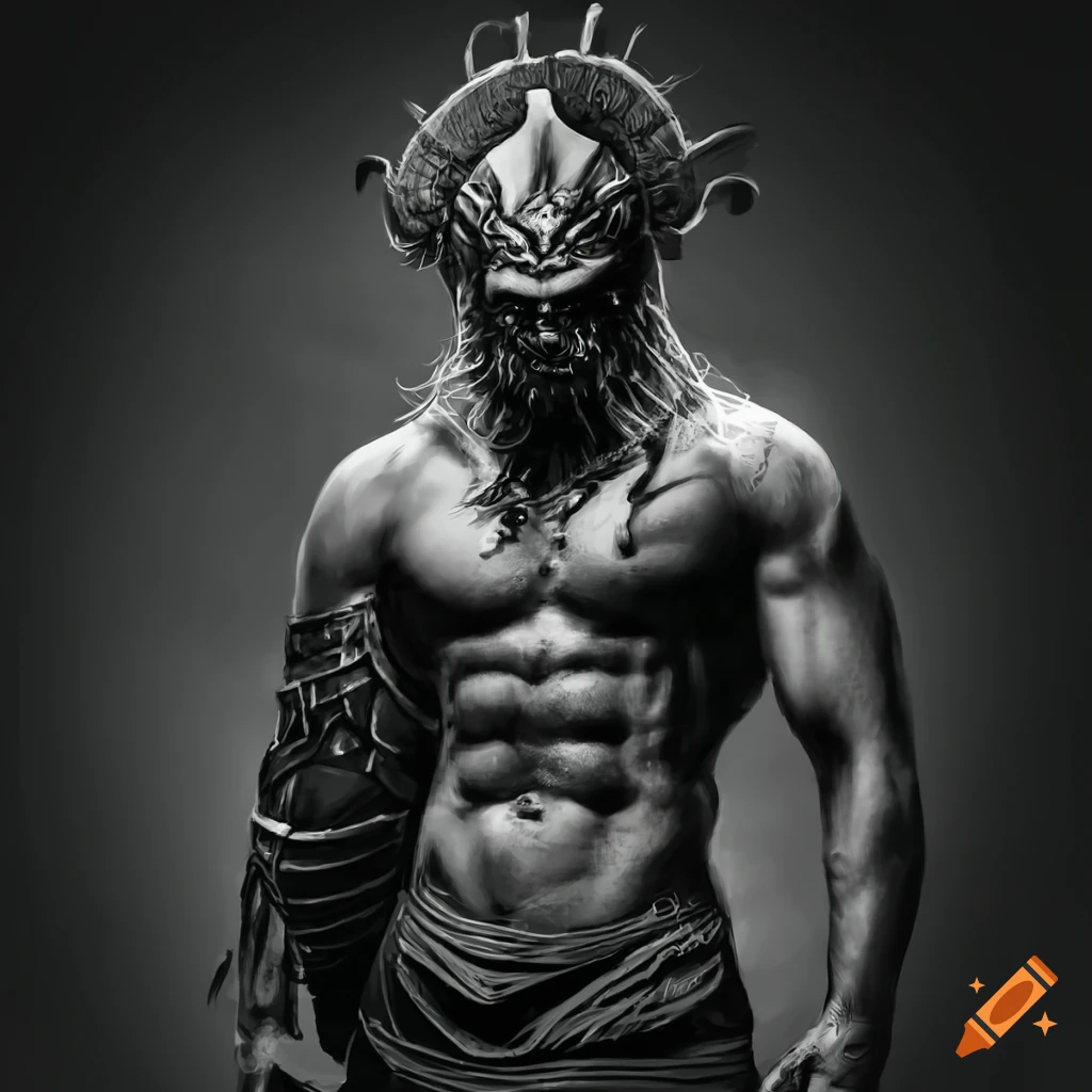 Strong warrior in black and white, emanating power and strength on Craiyon