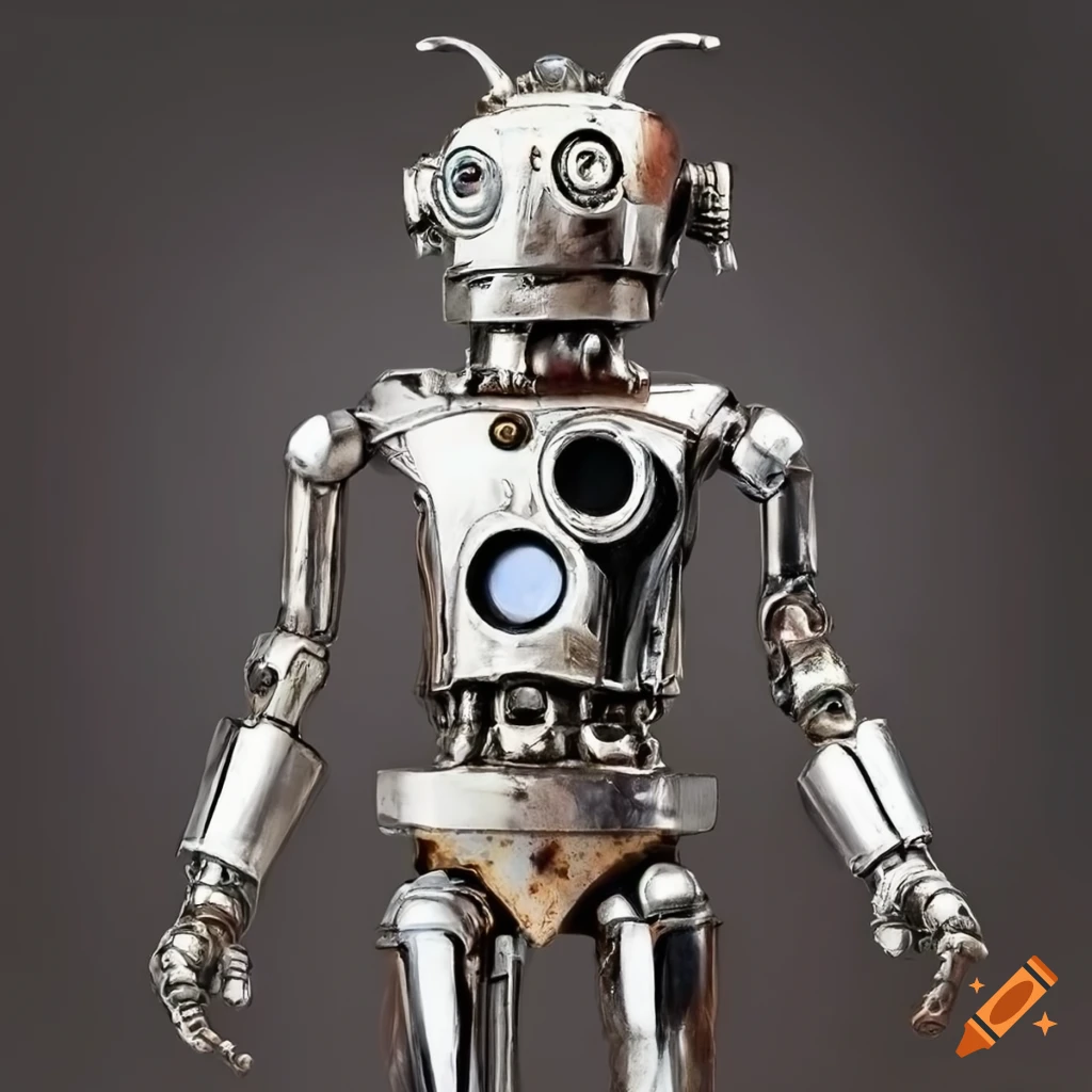 A metallic humanoid robot with a polished shine by Frank Frazetta ...