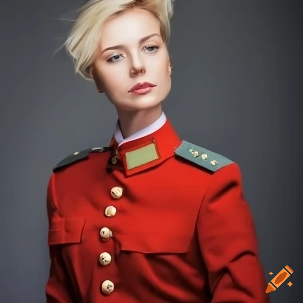 Woman in blond hair in red tan military uniform on Craiyon