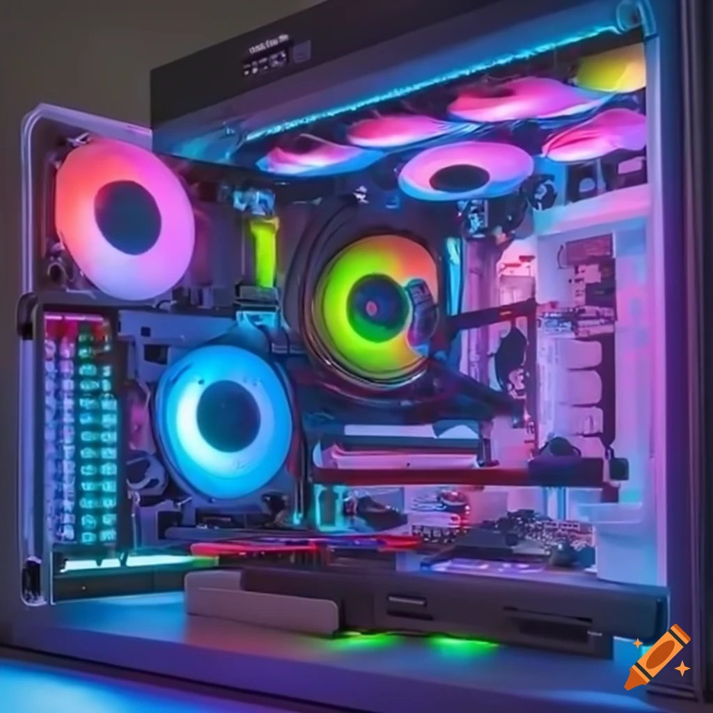 Refletion of bright neon lights on new gaming pc on Craiyon