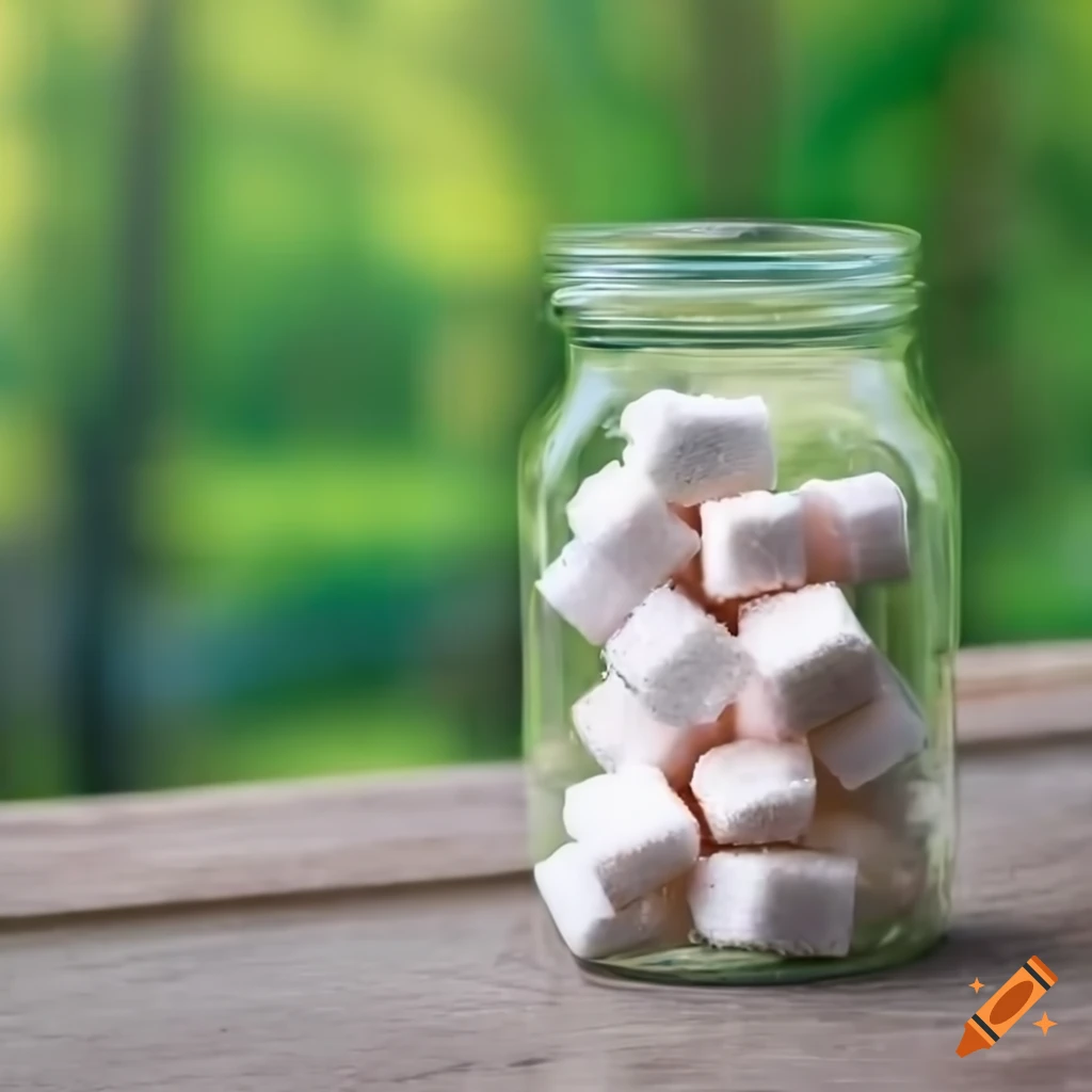 Glass jar filled with sugar cubes in a peaceful outdoors scene on Craiyon