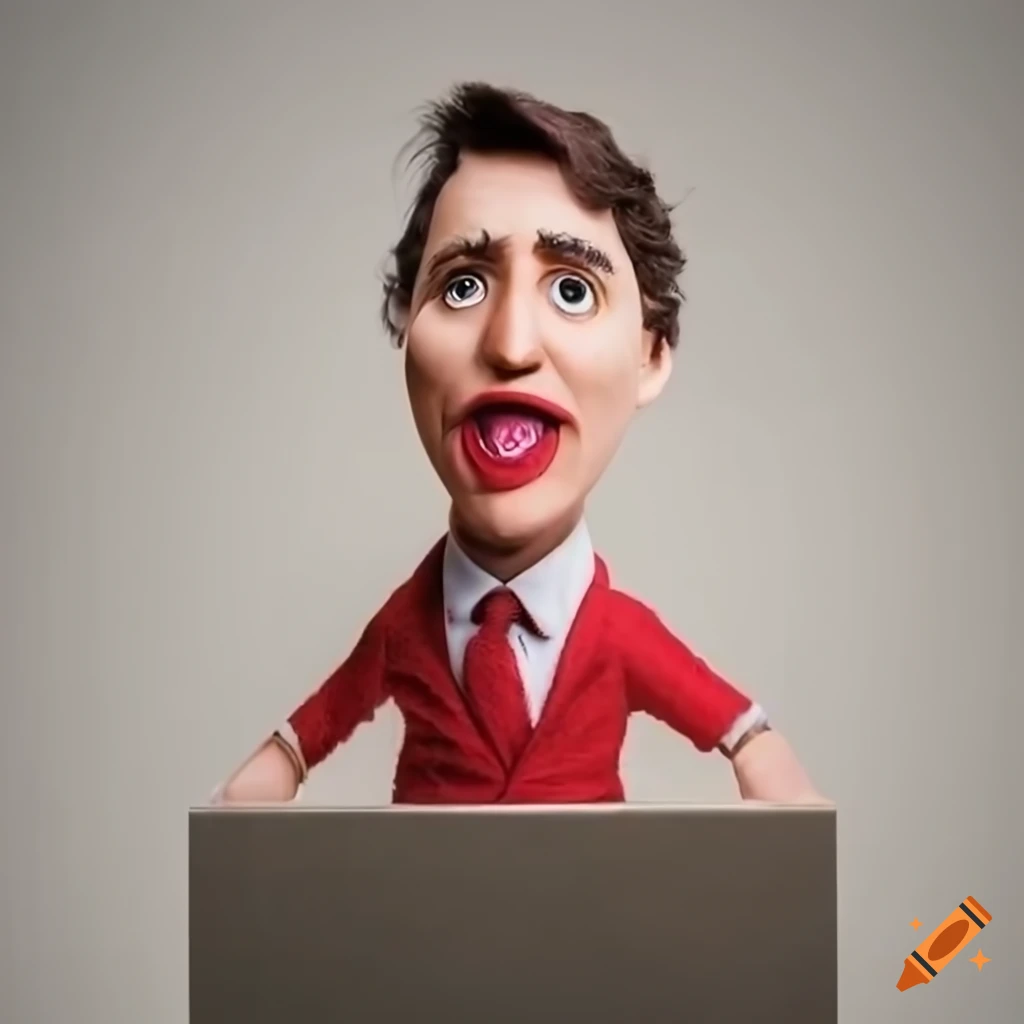 Muppet-style puppet Justin Trudeau made of felt fabric, confused facial ...
