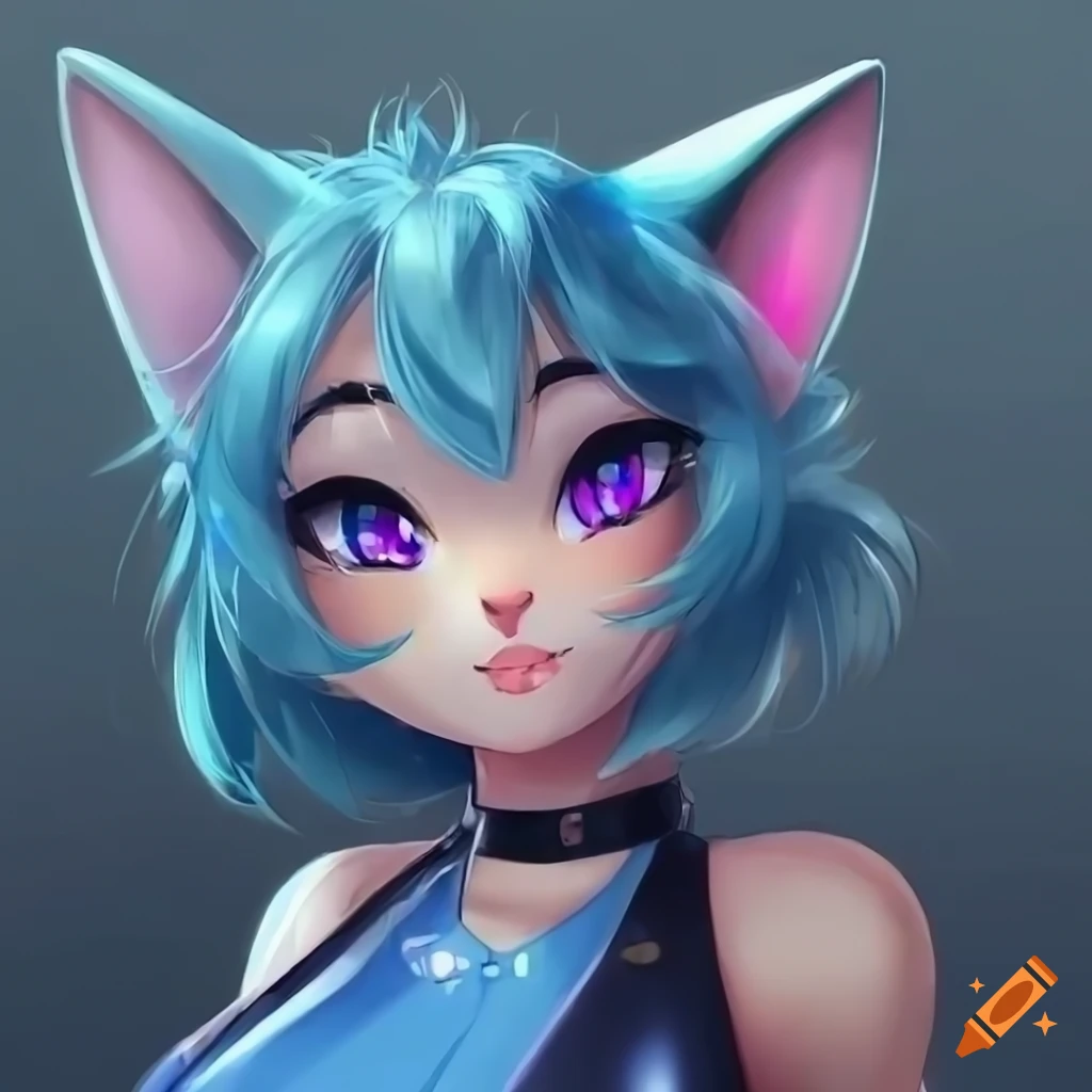 Portrait of mid body of cuttest cat furry girl with blue hair in anime ...
