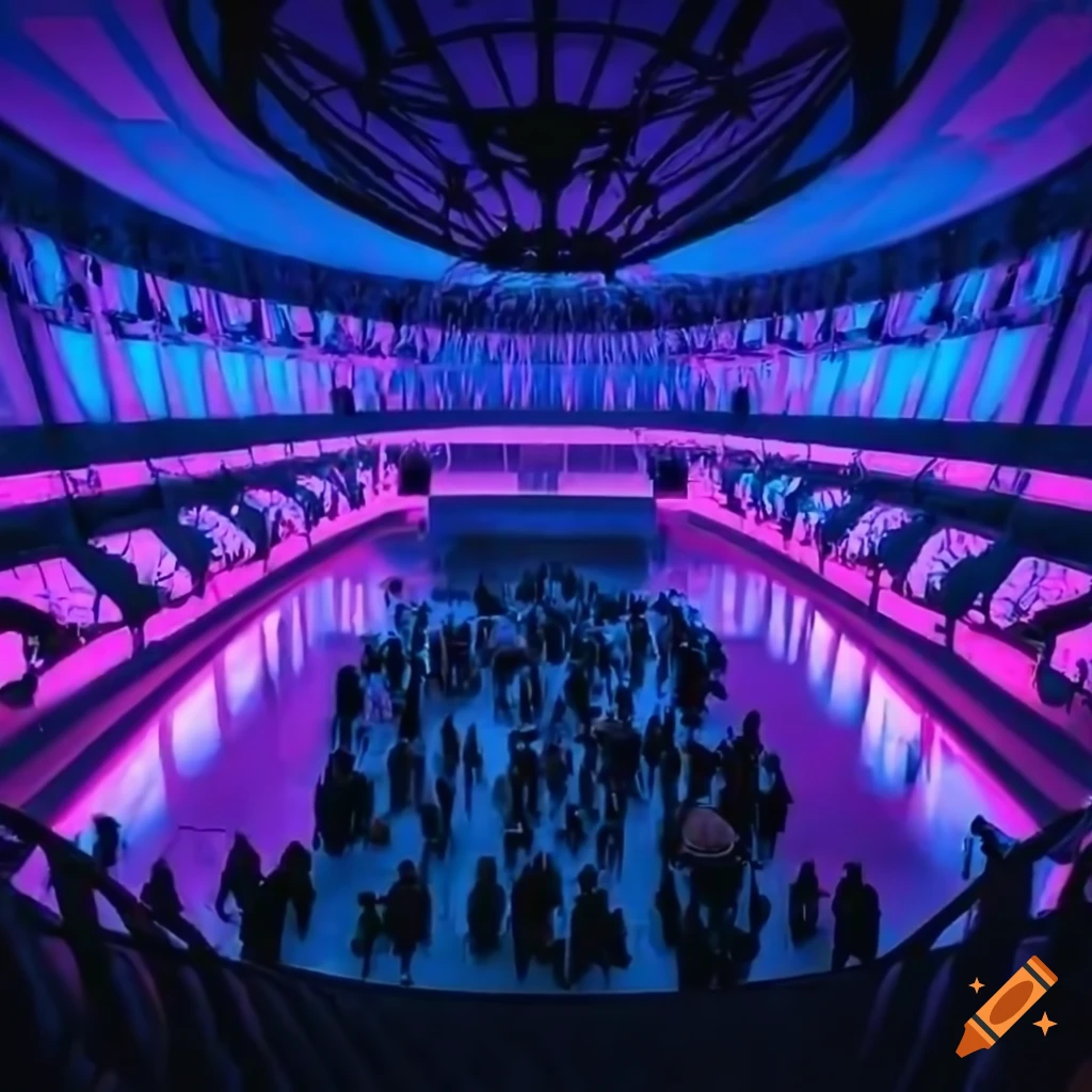 Large boring conference center, filled with people, synthwave on Craiyon