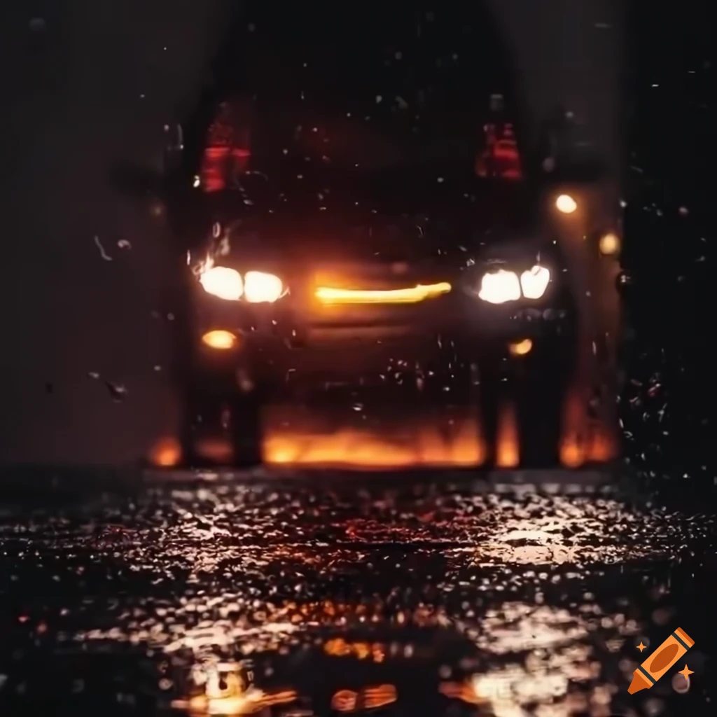 Headlights shine as a car drives down a dark street pouring with rain ...