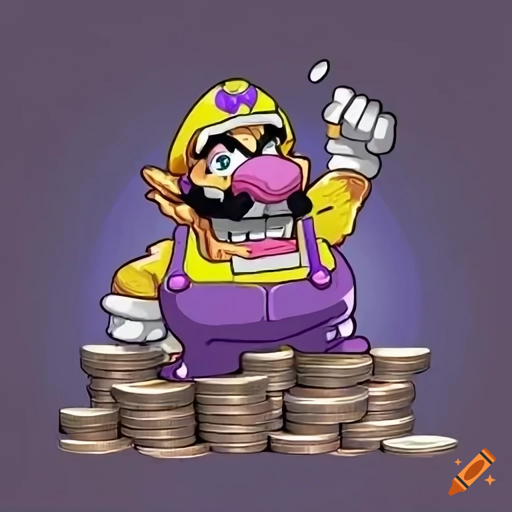 Wario on a pile of coins (gameboy style) on Craiyon