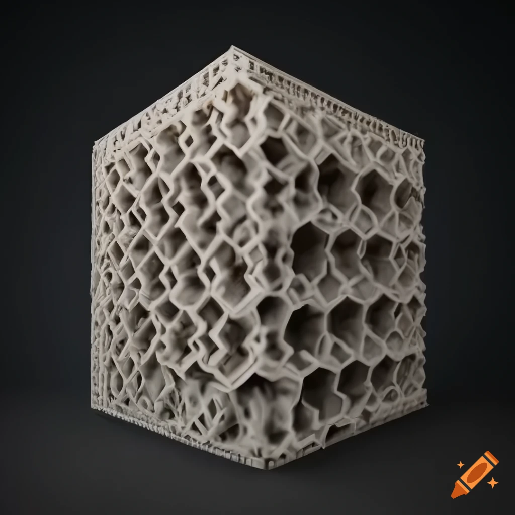 Intricate 3D printed sharp sleek vertical box with mycelium sponge ...