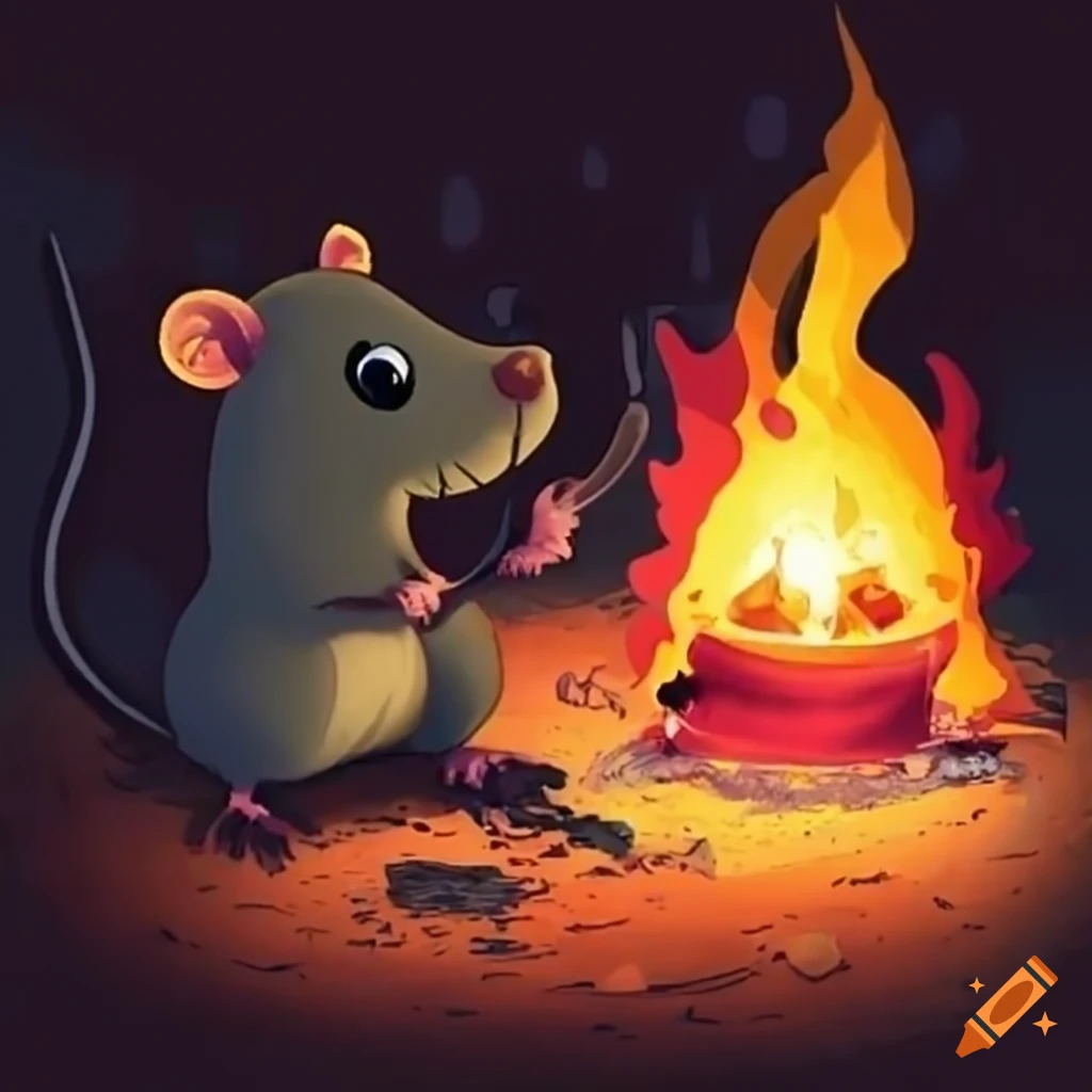 A litte rat warming him up by a campfire