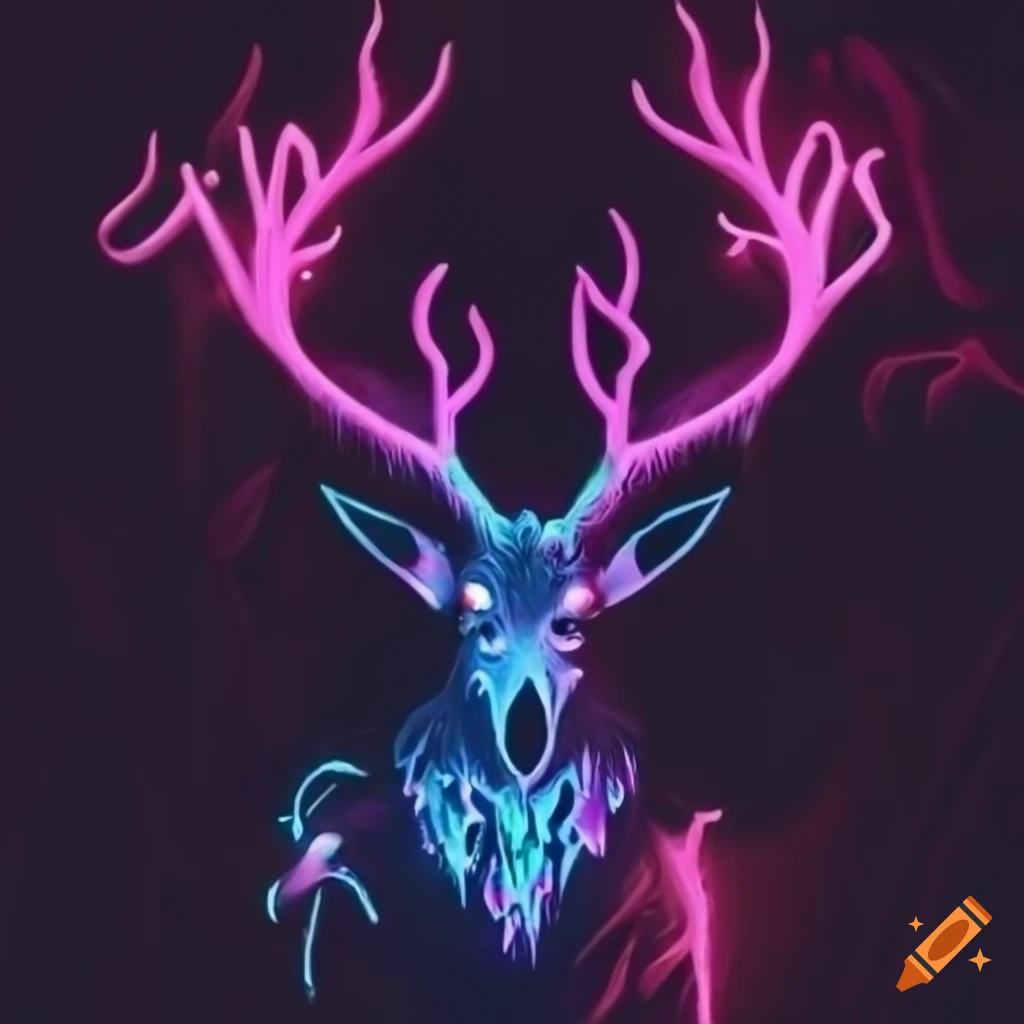 Neon, dark wendigo in a forest, antlers, wallpaper iphone on Craiyon