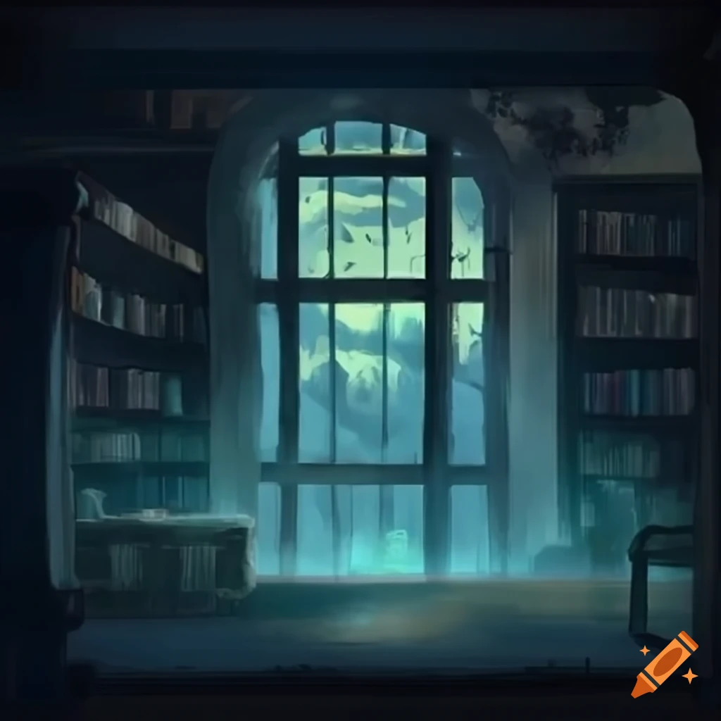 Anime style, library, fog mountain forest in window