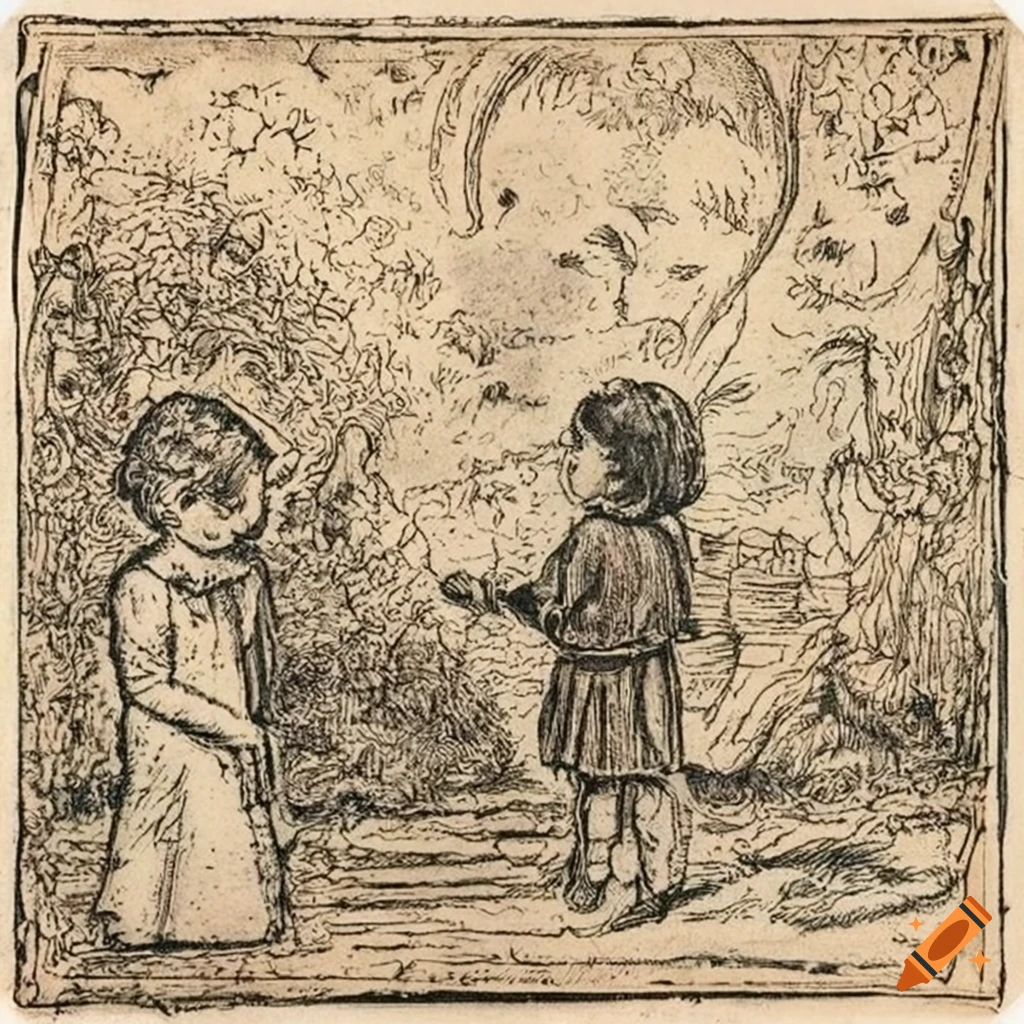 Nostalgic dreamlike 1800s pen and ink etching of kids on an avant-garde ...