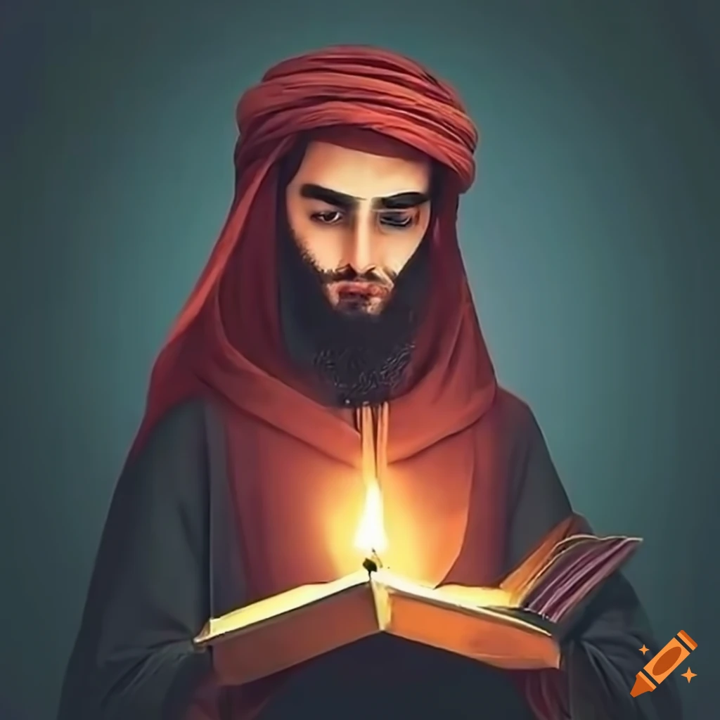 Islamic young male scholar writing, beard, turban, hd, lamp