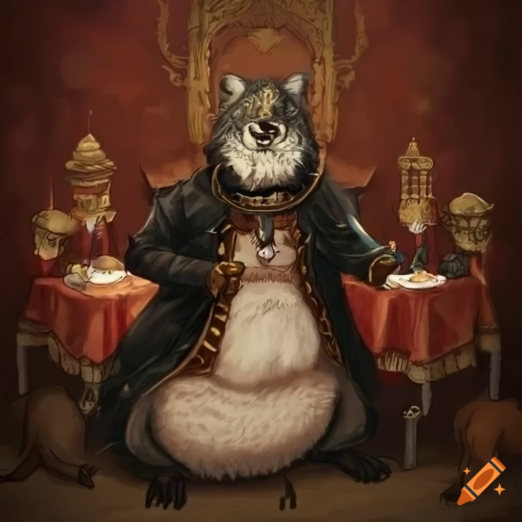 A fat bloated gluttonous anthro badger king wearing a royal coat with ...