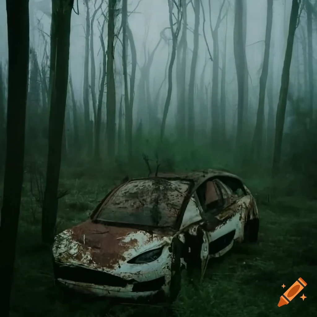 Car cemetery with lots of broken and rusted tesla model 3 cars in the ...